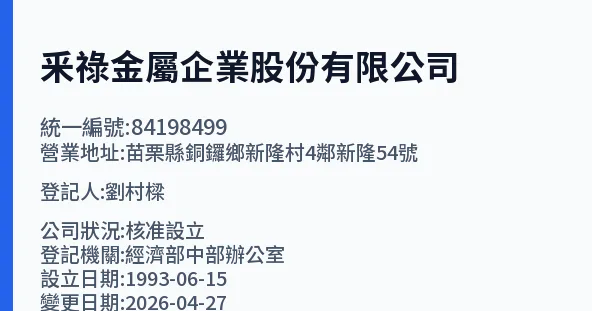 釆祿金屬企業股份有限公司的照片-統編 84198499(苗栗縣) 公司登記資料與營業項目詳細圖表