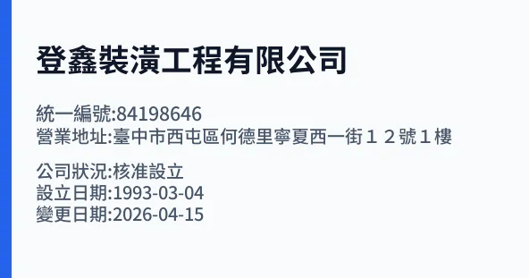 登鑫裝潢工程有限公司的照片-統編 84198646(臺中市) 公司登記資料與營業項目詳細圖表