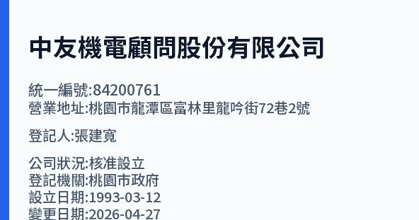 中友機電顧問股份有限公司的照片-統編 84200761(桃園市) 公司登記資料與營業項目詳細圖表