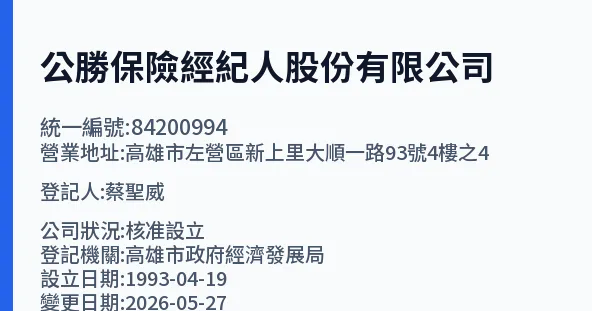 公勝保險經紀人股份有限公司的照片-統編 84200994(高雄市) 公司登記資料與營業項目詳細圖表