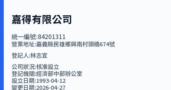 嘉得有限公司的照片-統編 84201311(嘉義縣) 公司登記資料與營業項目詳細圖表