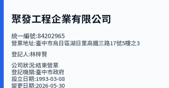 聚發工程企業有限公司的照片-統編 84202965(臺中市) 公司登記資料與營業項目詳細圖表