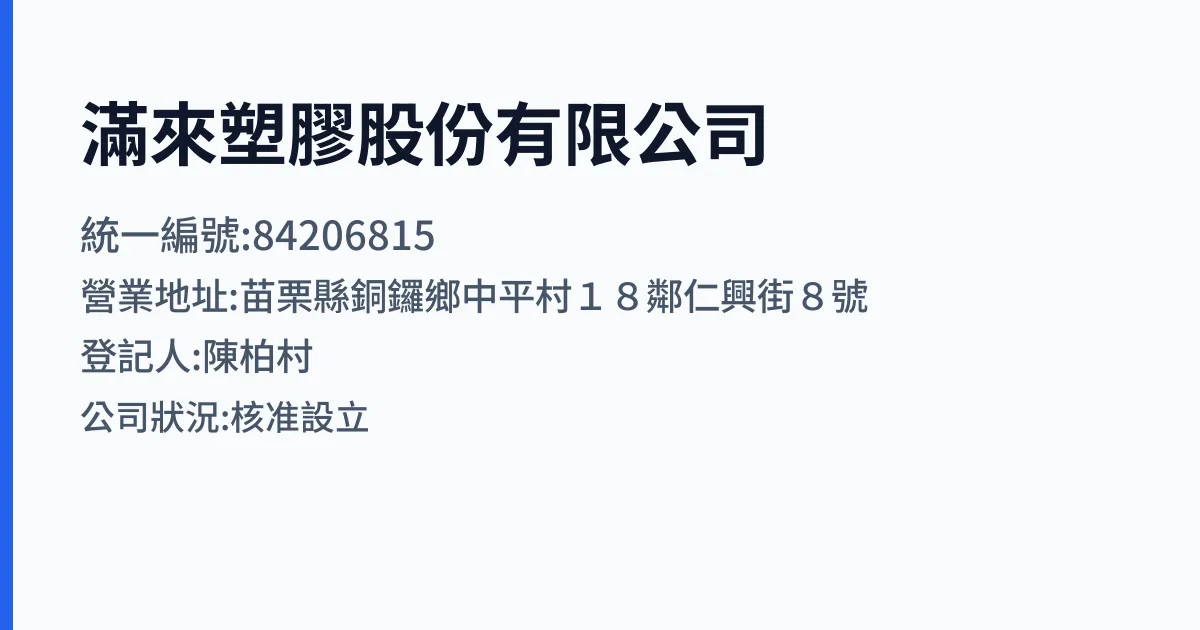 滿來塑膠股份有限公司 - 統編 84206815(苗栗縣) 公司登記資料與營業項目詳細圖表