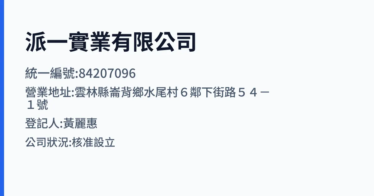 派一實業有限公司 - 統編 84207096（雲林縣） 公司登記資料與營業項目詳細圖表