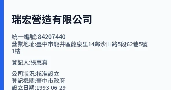 瑞宏營造有限公司的照片-統編 84207440(臺中市) 公司登記資料與營業項目詳細圖表