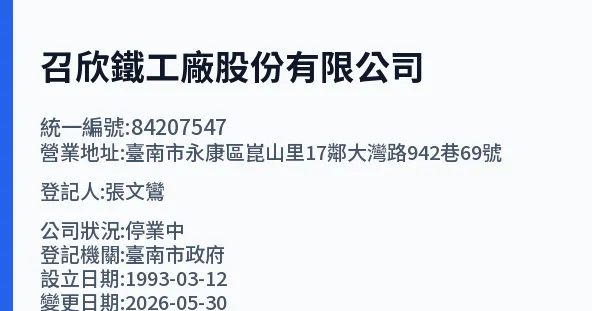 召欣鐵工廠股份有限公司的照片-統編 84207547(臺南市) 公司登記資料與營業項目詳細圖表