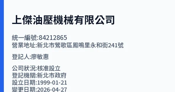 上傑油壓機械有限公司的照片-統編 84212865(新北市) 公司登記資料與營業項目詳細圖表