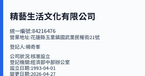 精藝生活文化有限公司的照片-統編 84216476(花蓮縣) 公司登記資料與營業項目詳細圖表