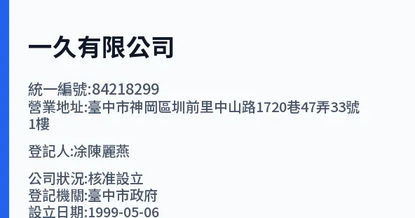 一久有限公司的照片-統編 84218299(臺中市) 公司登記資料與營業項目詳細圖表