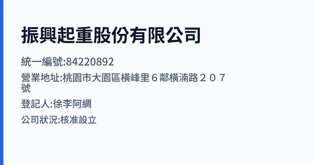 振興起重股份有限公司 - 統編 84220892(桃園市) 公司登記資料與營業項目詳細圖表