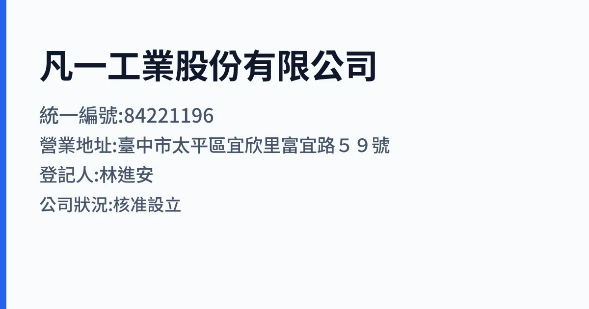 凡一工業股份有限公司 - 統編 84221196(臺中市) 公司登記資料與營業項目詳細圖表