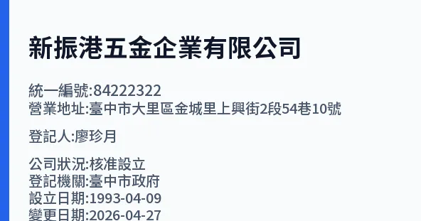 新振港五金企業有限公司的照片-統編 84222322(臺中市) 公司登記資料與營業項目詳細圖表