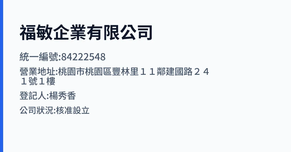 福敏企業有限公司 - 統編 84222548(桃園市) 公司登記資料與營業項目詳細圖表
