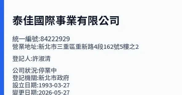 泰佳國際事業有限公司的照片-統編 84222929(新北市) 公司登記資料與營業項目詳細圖表