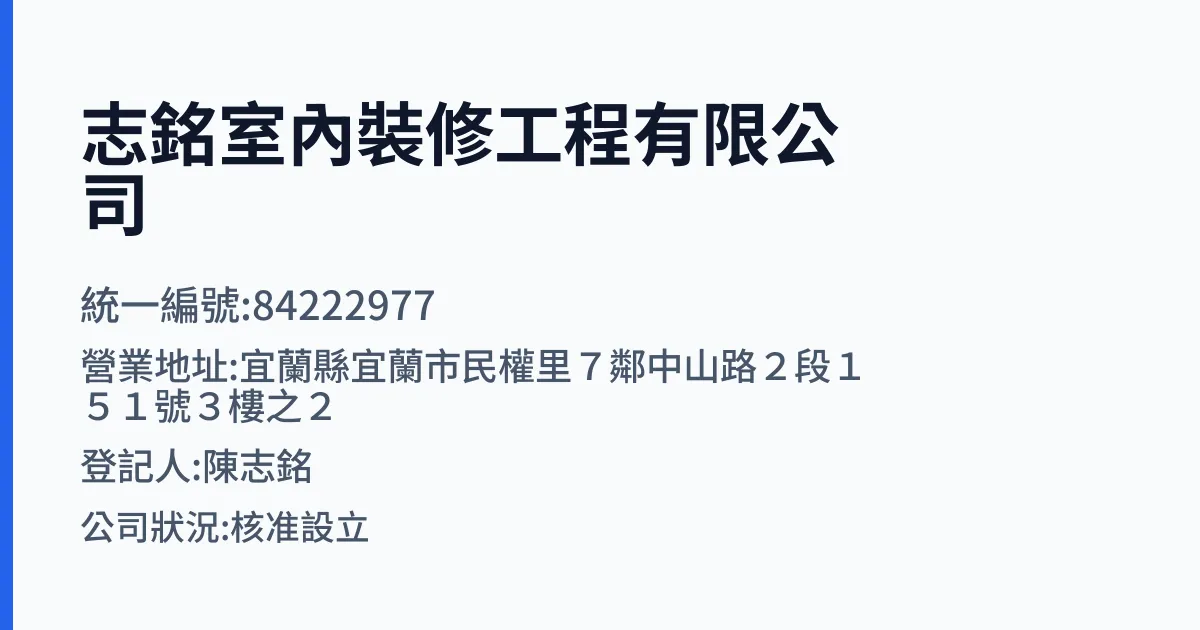 志銘室內裝修工程有限公司 - 統編 84222977(宜蘭縣) 公司登記資料與營業項目詳細圖表