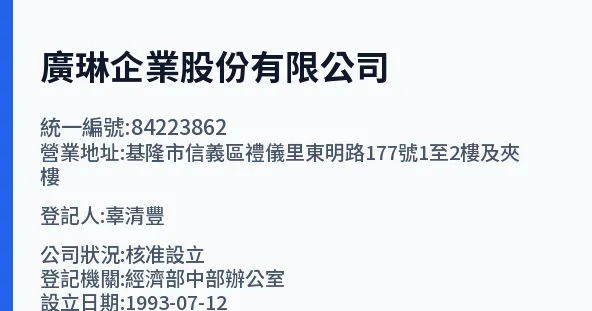 廣琳企業股份有限公司的照片-統編 84223862(基隆市) 公司登記資料與營業項目詳細圖表