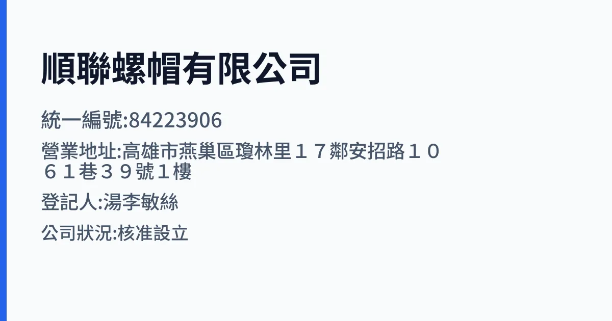順聯螺帽有限公司 - 統編 84223906(高雄市) 公司登記資料與營業項目詳細圖表