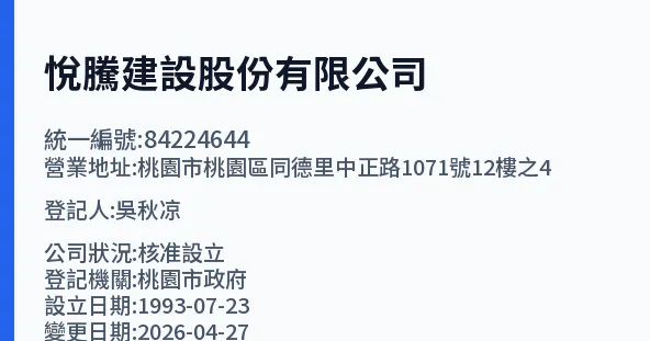 悅騰建設股份有限公司的照片-統編 84224644(桃園市) 公司登記資料與營業項目詳細圖表