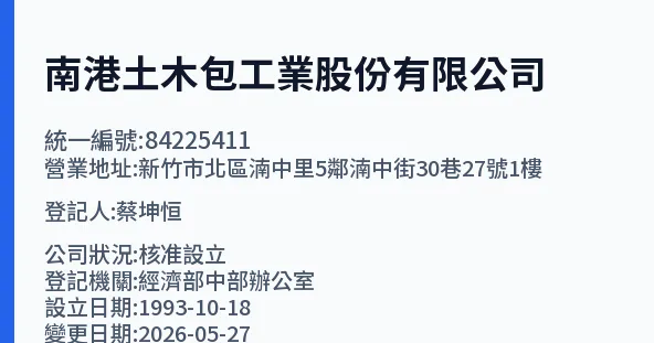 南港土木包工業股份有限公司的照片-統編 84225411(新竹市) 公司登記資料與營業項目詳細圖表