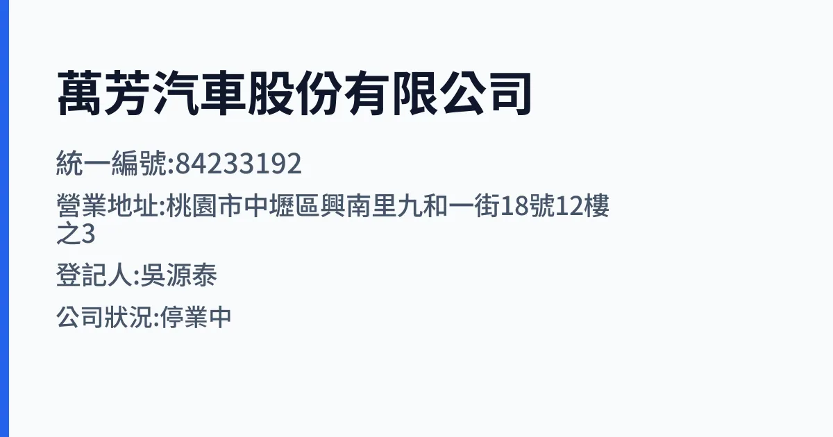 萬芳汽車股份有限公司 - 統編 84233192(桃園市) 公司登記資料與營業項目詳細圖表