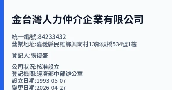 金台灣人力仲介企業有限公司的照片-統編 84233432(嘉義縣) 公司登記資料與營業項目詳細圖表