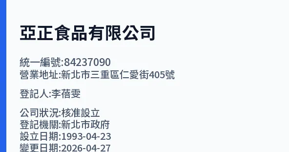亞正食品有限公司的照片-統編 84237090(新北市) 公司登記資料與營業項目詳細圖表
