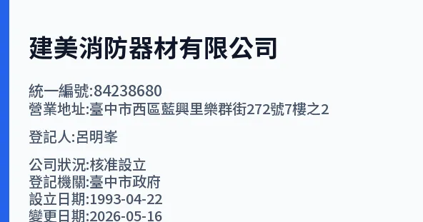 建美消防器材有限公司的照片-統編 84238680(臺中市) 公司登記資料與營業項目詳細圖表
