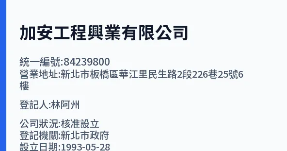 加安工程興業有限公司的照片-統編 84239800(新北市) 公司登記資料與營業項目詳細圖表