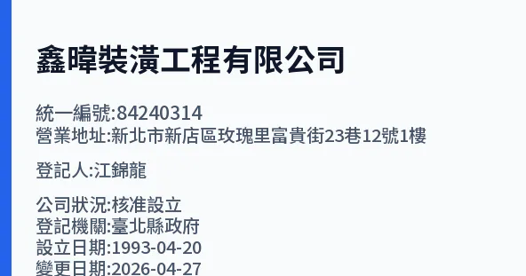 鑫暐裝潢工程有限公司的照片-統編 84240314(新北市) 公司登記資料與營業項目詳細圖表