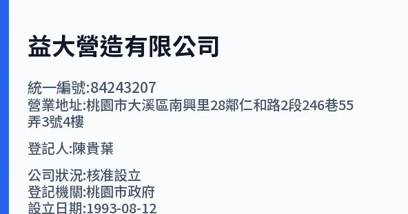 益大營造有限公司的照片-統編 84243207(桃園市) 公司登記資料與營業項目詳細圖表