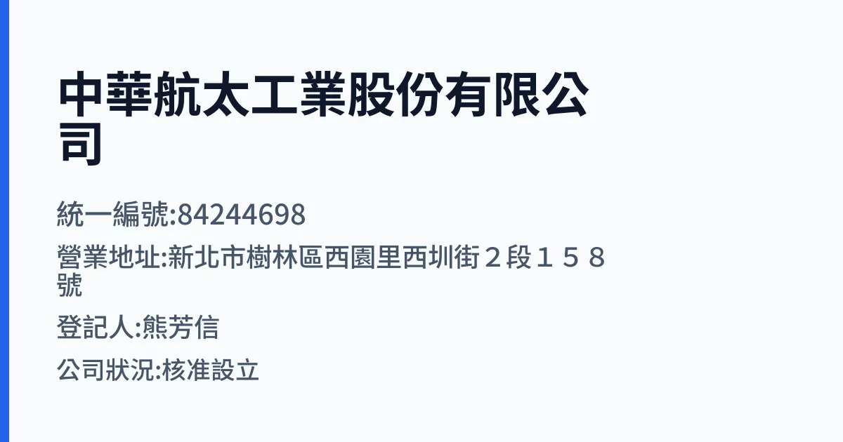 中華航太工業股份有限公司 - 統編 84244698(新北市) 公司登記資料與營業項目詳細圖表