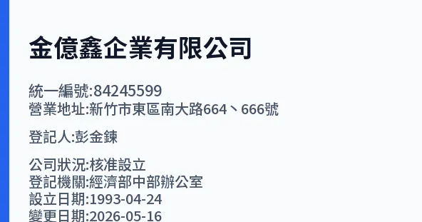 金億鑫企業有限公司的照片-統編 84245599(新竹市) 公司登記資料與營業項目詳細圖表