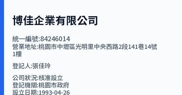 博佳企業有限公司的照片-統編 84246014(桃園市) 公司登記資料與營業項目詳細圖表