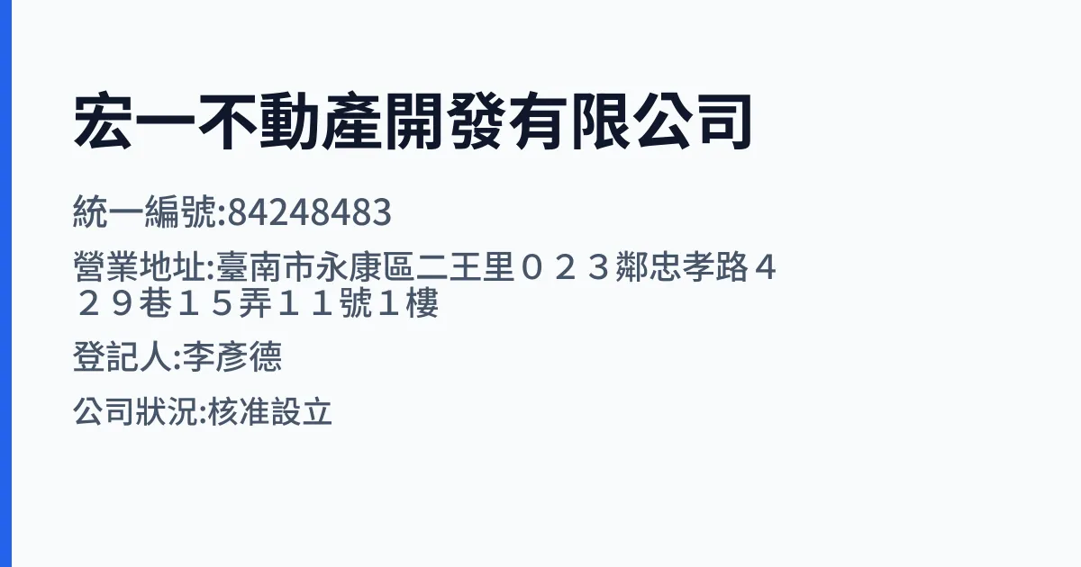 宏一不動產開發有限公司 - 統編 84248483(臺南市) 公司登記資料與營業項目詳細圖表