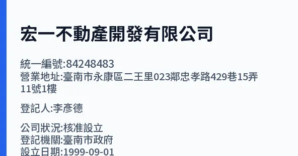 宏一不動產開發有限公司的照片-統編 84248483(臺南市) 公司登記資料與營業項目詳細圖表