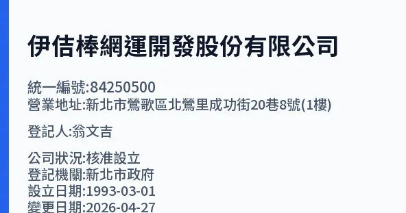 伊佶棒網運開發股份有限公司的照片-統編 84250500(新北市) 公司登記資料與營業項目詳細圖表