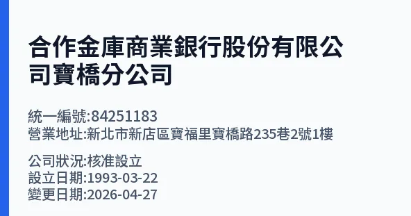 合作金庫商業銀行股份有限公司寶橋分公司的照片-統編 84251183(新北市) 公司登記資料與營業項目詳細圖表