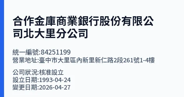合作金庫商業銀行股份有限公司北大里分公司的照片-統編 84251199(臺中市) 公司登記資料與營業項目詳細圖表