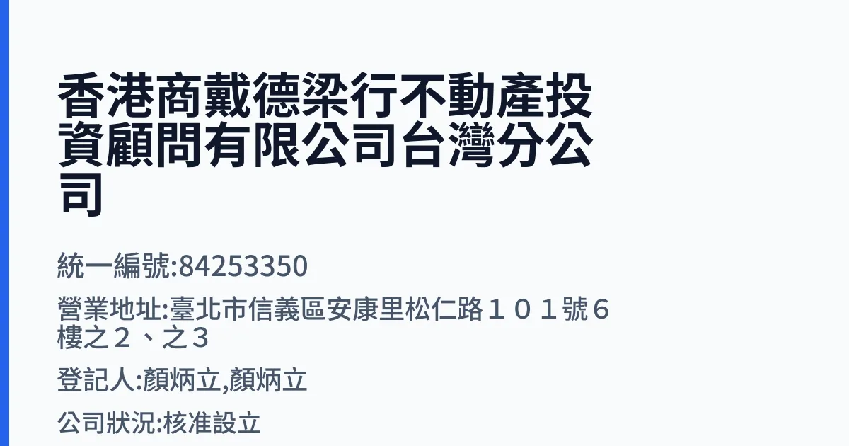 香港商戴德梁行不動產投資顧問有限公司台灣分公司 - 統編 84253350(臺北市) 公司登記資料與營業項目詳細圖表
