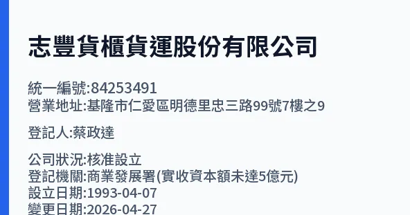 志豐貨櫃貨運股份有限公司的照片-統編 84253491(基隆市) 公司登記資料與營業項目詳細圖表