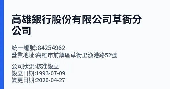 高雄銀行股份有限公司草衙分公司的照片-統編 84254962(高雄市) 公司登記資料與營業項目詳細圖表