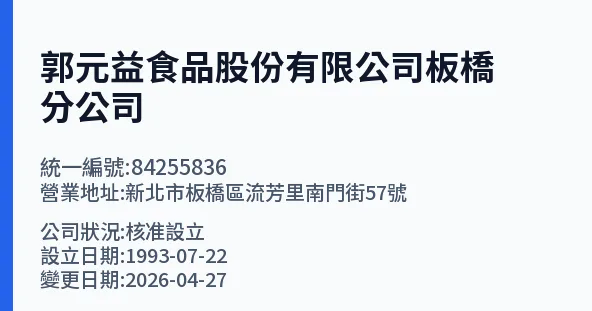 郭元益食品股份有限公司板橋分公司的照片-統編 84255836(新北市) 公司登記資料與營業項目詳細圖表