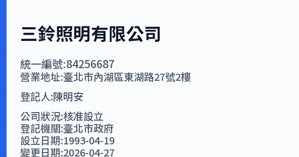 三鈴照明有限公司的照片-統編 84256687(臺北市) 公司登記資料與營業項目詳細圖表