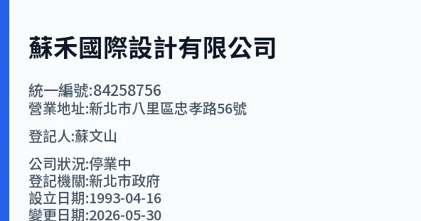 蘇禾國際設計有限公司的照片-統編 84258756(新北市) 公司登記資料與營業項目詳細圖表