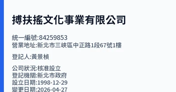 搏扶搖文化事業有限公司的照片-統編 84259853(新北市) 公司登記資料與營業項目詳細圖表