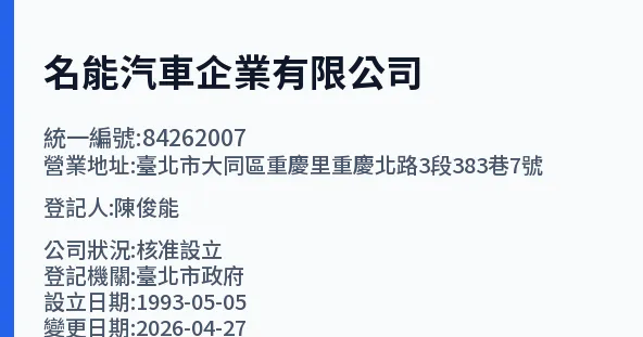 名能汽車企業有限公司的照片-統編 84262007(臺北市) 公司登記資料與營業項目詳細圖表