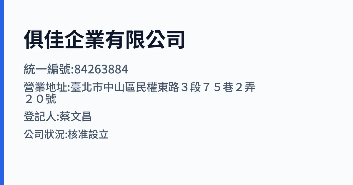 俱佳企業有限公司 - 統編 84263884(臺北市) 公司登記資料與營業項目詳細圖表