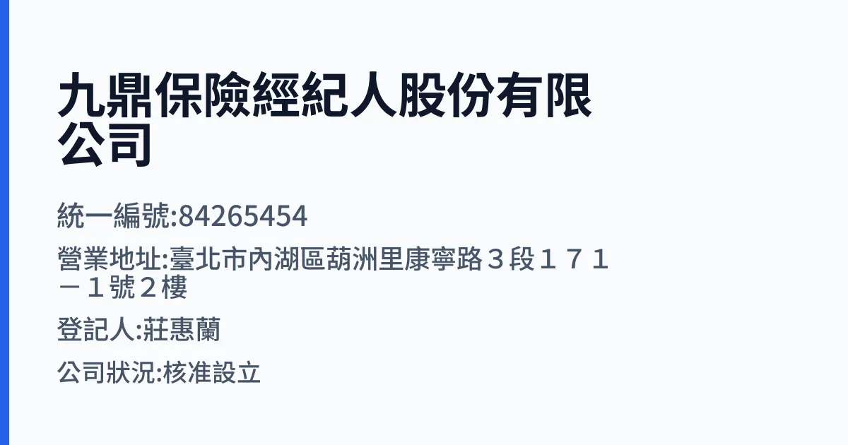 九鼎保險經紀人股份有限公司 - 統編 84265454(臺北市) 公司登記資料與營業項目詳細圖表