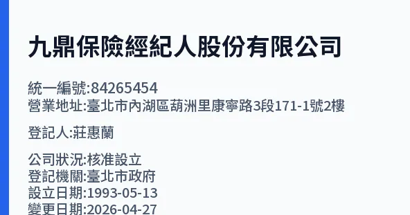 九鼎保險經紀人股份有限公司的照片-統編 84265454(臺北市) 公司登記資料與營業項目詳細圖表
