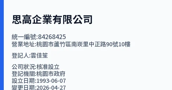 思高企業有限公司的照片-統編 84268425(桃園市) 公司登記資料與營業項目詳細圖表